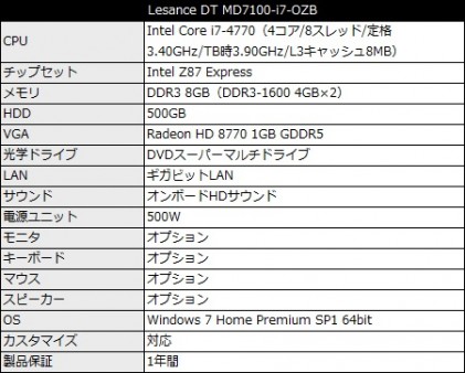 Radeon HD 8770標準のミドルタワーBTO、パソコン工房「Lesance DT MD7100-i7-OZB」 - エルミタージュ秋葉原